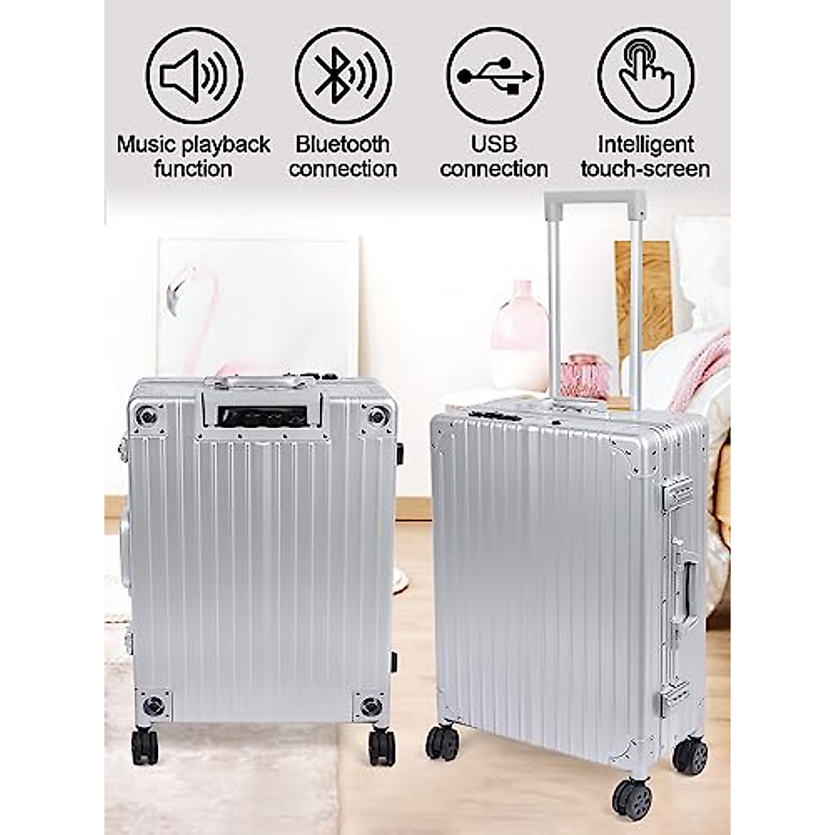 Lorvain 24 Inch Large Makeup Train Case with Mirror and Lights, Rolling Cosmetic Trolley with Bluetooth, Professional Artist Cosmetic Travel Organizer Box Aluminum Makeup Case Salon Station (Silvery)
