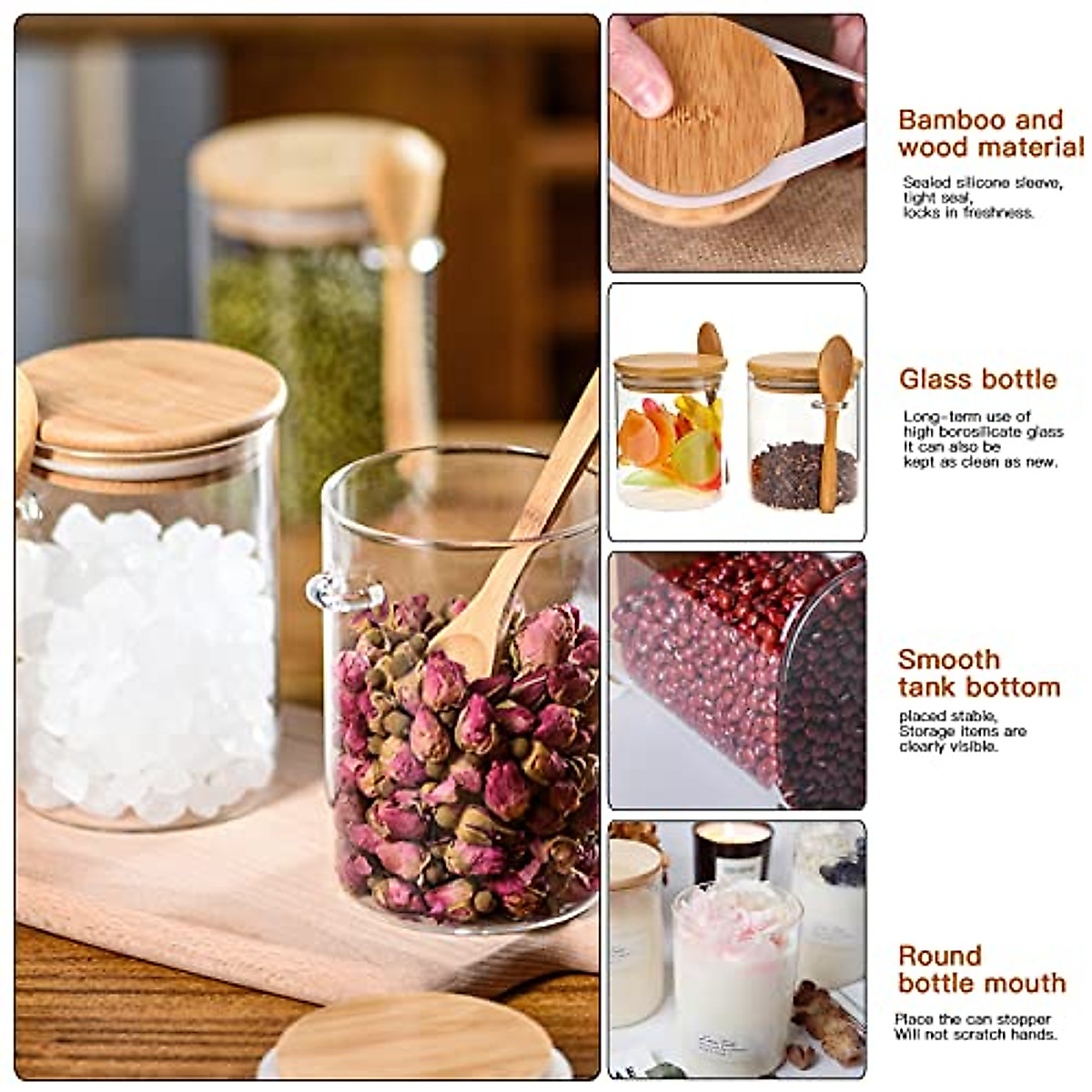 JOUALY 4-Pack Glass Food Storage Jar 18.2 oz,100% Sealed Borosilicate Glass Bamboo Glass Jars with Bamboo Lid and Bamboo Spoon for Candy, Spices, Coffee Beans, Nuts, Condiments, Cookies, Flour,Tea