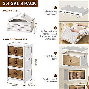 HPONQIONE Foldable Plastic Storage Box With Wheels and Doors XLLarge Storage Bin with Lid Organizers Stackable Storage Bins, Closet Organizers Double Door Magnetic with Universal Pulley(8.4Gal-3Pack)