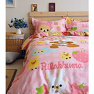 LELVA Rilakkuma Pattern Bedding Quilt/Comforter Cover Set Kids Bedding Duvet Cover Set for Girls Flat Sheet Pink Twin Size