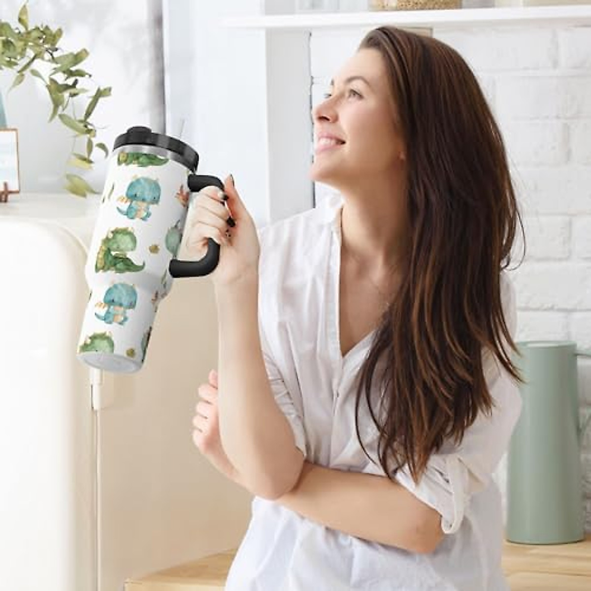 Flradish 40oz Tumbler with Handle, Cute Dragons Stainless Steel Tumbler with Lid and Straws Double Wall Vacuum Insulated Leakproof Coffee Travel Mug