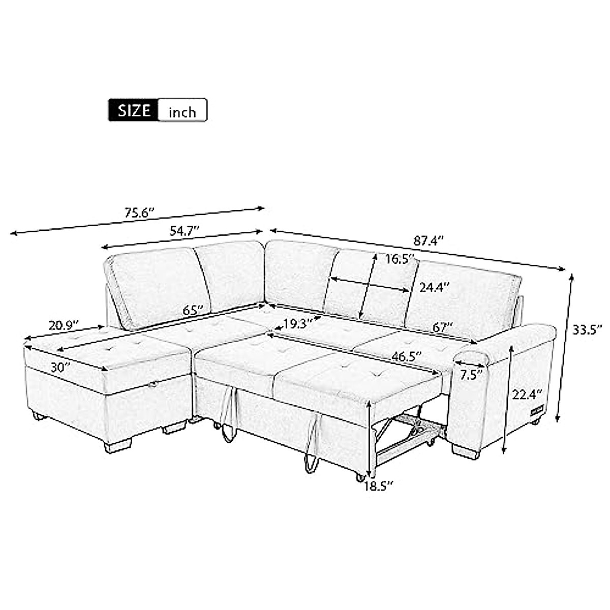 Merax Sofa Bed Sleeper Couch L Shaped Sofa with Storage Ottoman, L-Shape Sectional Couch with Comfortable backrest for Living Room and Small Apartment (Black)