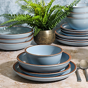 Gibson Elite Lagos 16 Piece Double Bowl Dinnerware Set, Light Blue, Service for 4 (16pcs)
