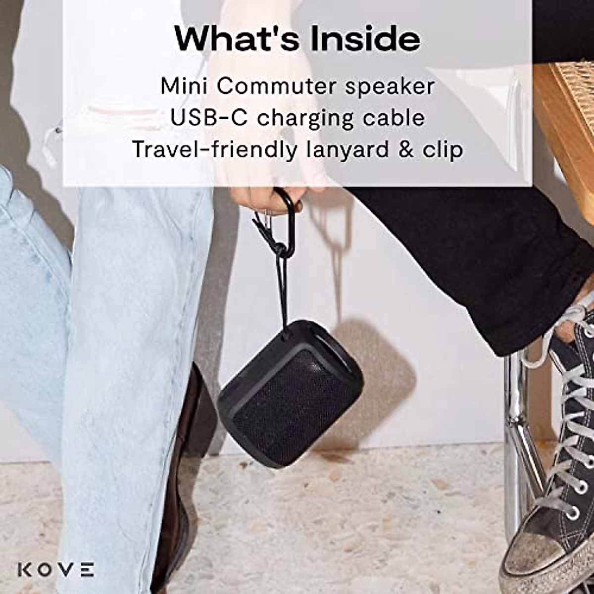 KOVE Mini Commuter 2 Portable Speaker - Black Bluetooth Speakers, Wireless with HD Louder Volume, Deep Bass Subwoofer, Microphone, IPX7 Water Resistant - Perfect Boom Box for Home, Outdoor or Travel