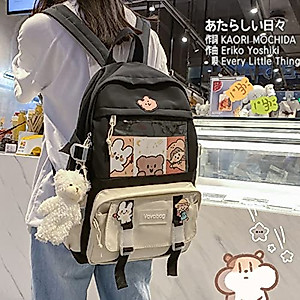 KOWVOWZ Kawaii Backpack for Teen Girls Aesthetic Student Bookbags with Cute pin bear pendant harajuku school nylon waterproof (black)