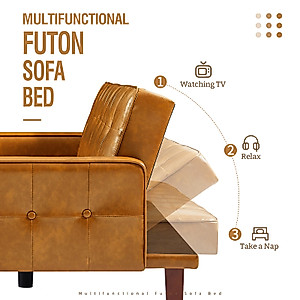 IULULU Futon Sofa Bed, Modern Convertible Faux Leather Sleeper Couch with Armrests for Studio, Office, Apartment, Compact Living, Game Room, Overnight Guests, Retro Brown