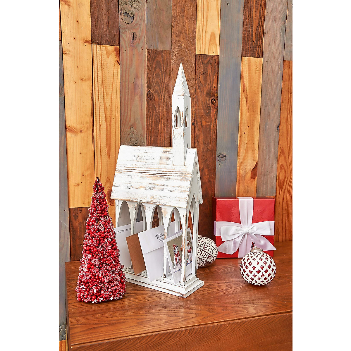 GALLERIE II 24" Rustic White Church Christmas Card Distressed Wood Mail Holder Xmas Festive Winter Holidays Table Tabletop Seasons Greetings Family Spiritual Wooden Home Decor Decoration Cream