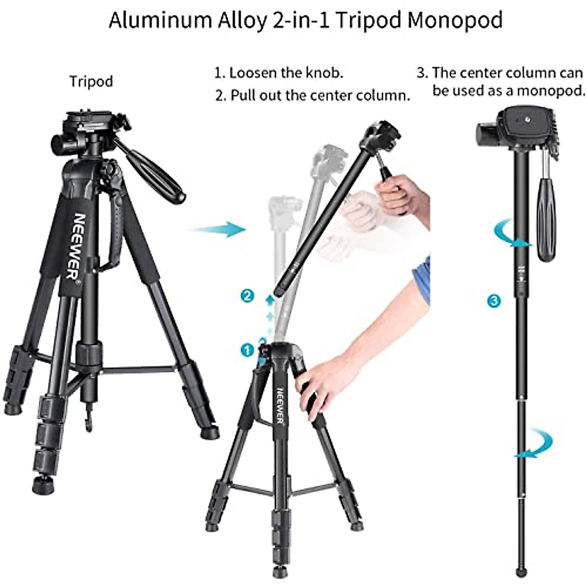 NEEWER Portable Aluminum Alloy Camera 2 in 1 Tripod Monopod Max. 70"/177cm with 3 Way Swivel Pan Head and Carrying Bag for DSLR, DV Video Camcorder (SAB264, Black)