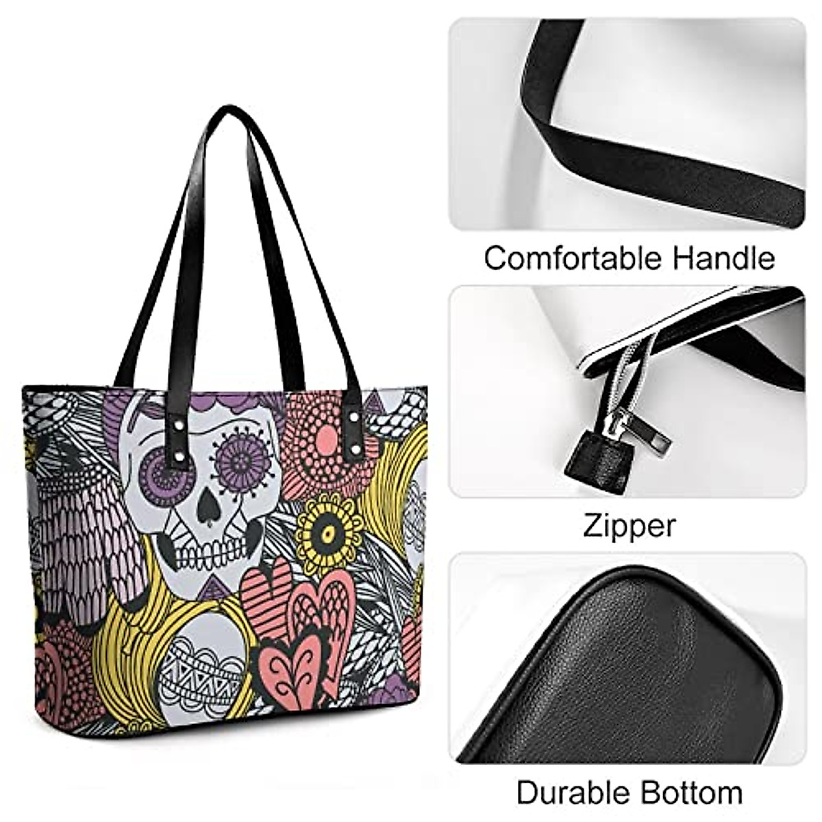 Womens Handbag Skull Floral Pattern Leather Tote Bag Top Handle Satchel Bags For Lady