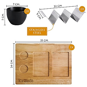 Tortillada - Taco Holders Set of 2 / Taco Holder Stainless Steel with Wooden Serving Tray incl. 2 Ceramic Dip Bowls + Recipe Book