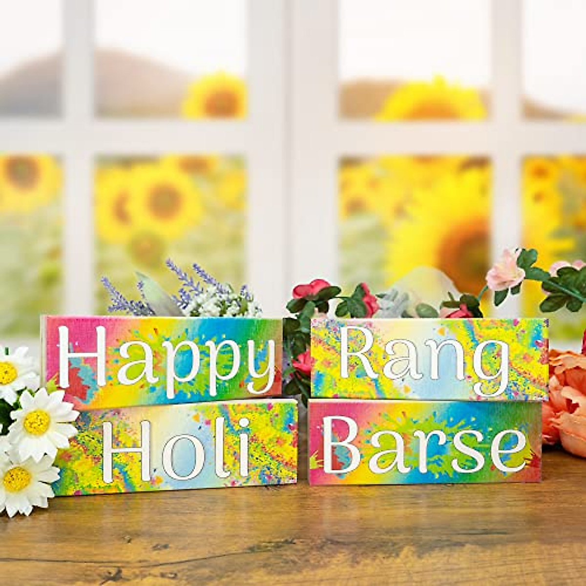 JennyGems Happy Holi Rang Barse Wooden Block Signs, Holi Decorations Party Supplies, Festival of Colors, Set of 4