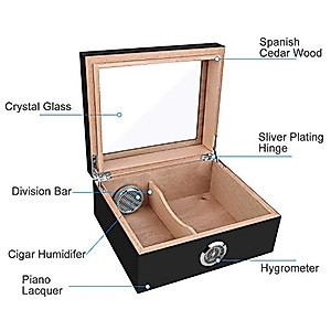 Cigar Humidor, Spanish Cedar Wood Cigar Desktop Box, Glass Top for 25-50 Cigars Luxury Hygrometer and Humidifier, Desktop Humidors Gloss Black