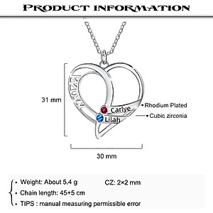 Bemobeauty Mothers Necklace, Birthstone Necklace for Mom Personalized 2 Birthstone & Name Necklaces for Women Heart Shape Pendent Necklace for Grandma Mom Customized Jewelry Gifts