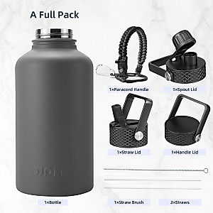 BJPKPK Half Gallon Insulated Water Bottles with Straw Lid,64oz Large Water Bottle,Stainless Steel Water Bottles with 3 Lids and Paracord Handle, Water Bottle for Hot & Cold Liquid,Gray