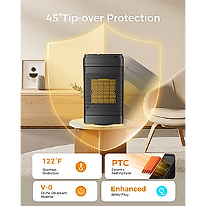 Space Heater Indoor with Thermostat, Max temperature 104°F, 1500W Portable Heaters for Indoor use with Remote, PTC Ceramic Electric Heater for Bedroom Office safety heater, 70°Oscillation, 12h Timer