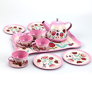Pink Tea Set for Little Girls,Flower Design Kids Tea Party Set,Princess Tea Time Toys Teapot Dishes Kitchen Pretend Play Tin Tea Party Set for Girls