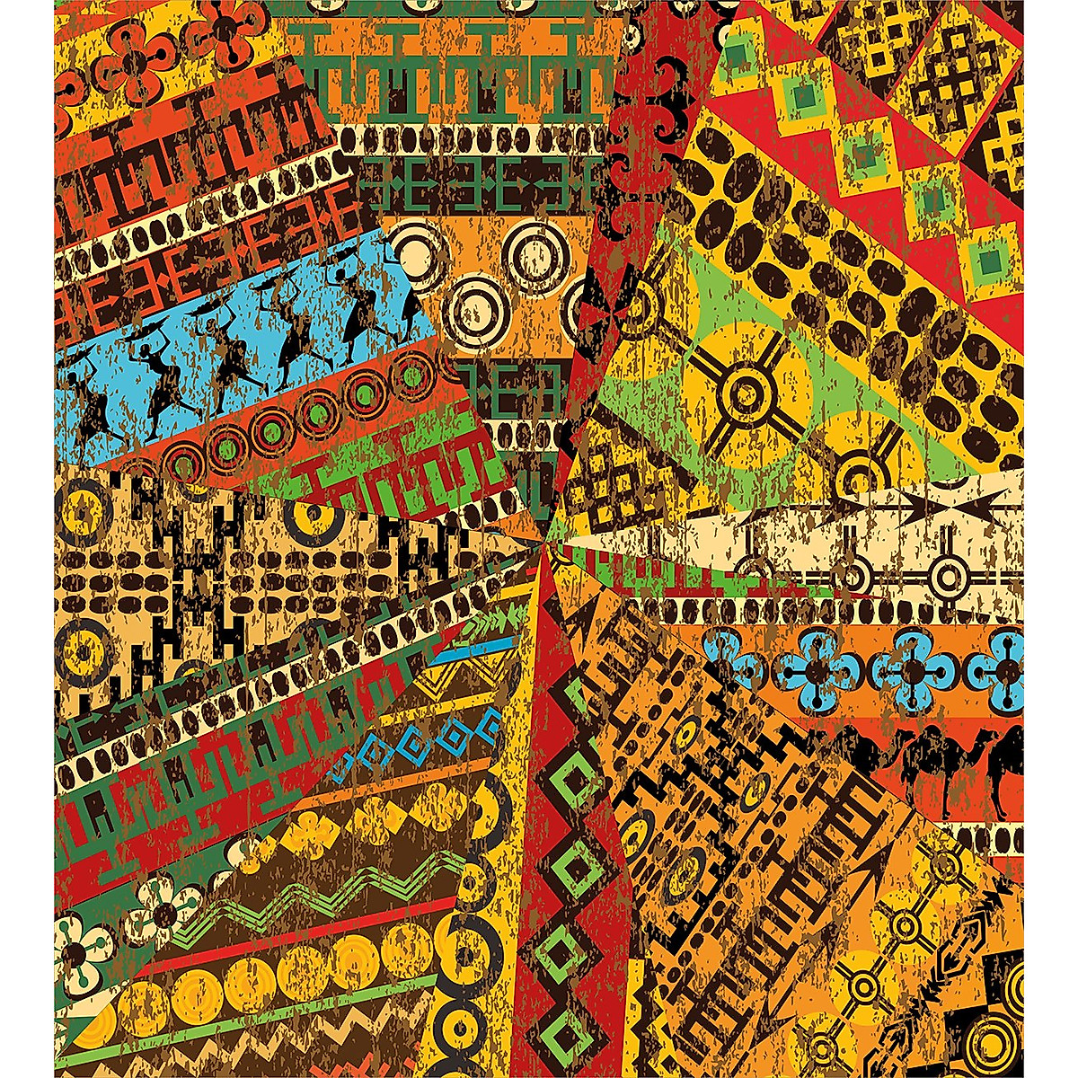 Ambesonne African Duvet Cover Set, Grunge Collage Motifs Traditional Art Ornate Geometric, Decorative 3 Piece Bedding Set with 2 Pillow Shams, Queen Size, Yellow Orange