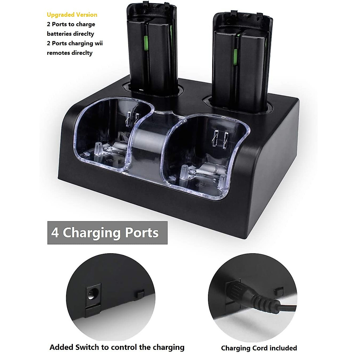 TechKen 4 Charging Ports Charging Station for Wii Controller, Includes 4 Rechargeable Batteries Wii Charger Wii Charger Docking Station (Updated Version)