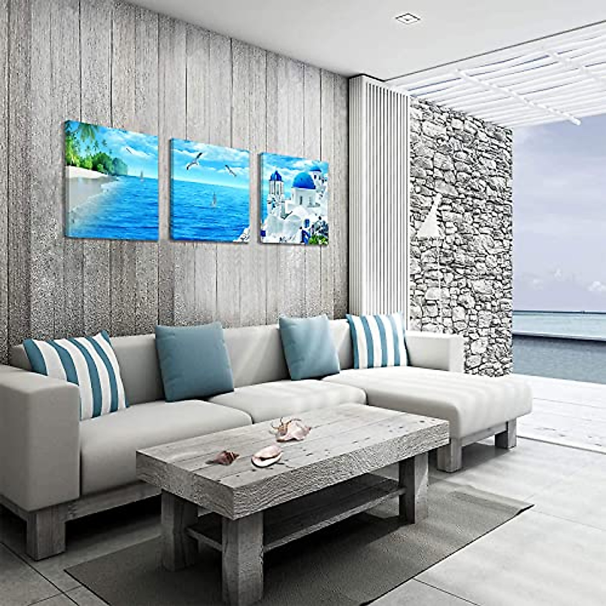 PINKNORDIC Santorini Landscape Beach Canvas Wall Art Mediterranean Blue Churches Seascape Nordic Style Canvas Painting Prints for Home Living Bathroom Wall Decor 12x12inchX3pcs