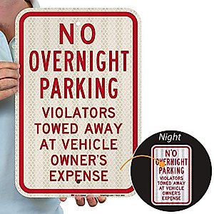 SmartSign - T1-1055-HI_12x18 No Overnight Parking - Violators Towed Sign By | 12" x 18" 3M High Intensity Grade Reflective Aluminum Red on White