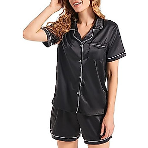 JULGIRL Women's Silk Satin Pajamas Short Sleeve Shorts Loungewear Two-Piece Button-Down Pj Set (X-Large, Black)