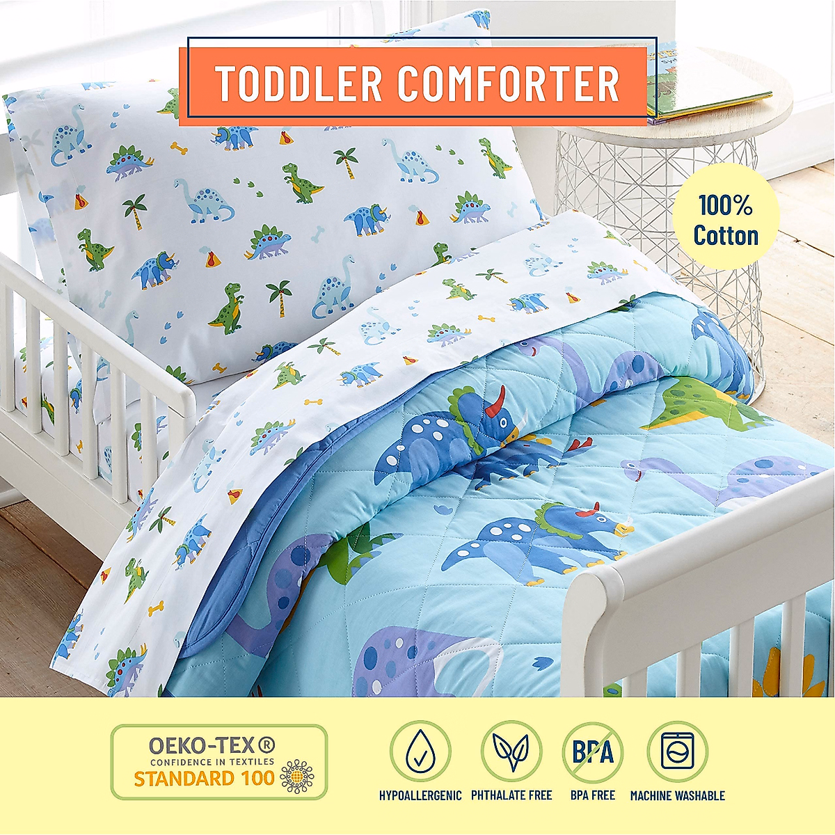Wildkin Toddler Cotton Comforter & Sheet Set Bundle (Dinosaur Land)