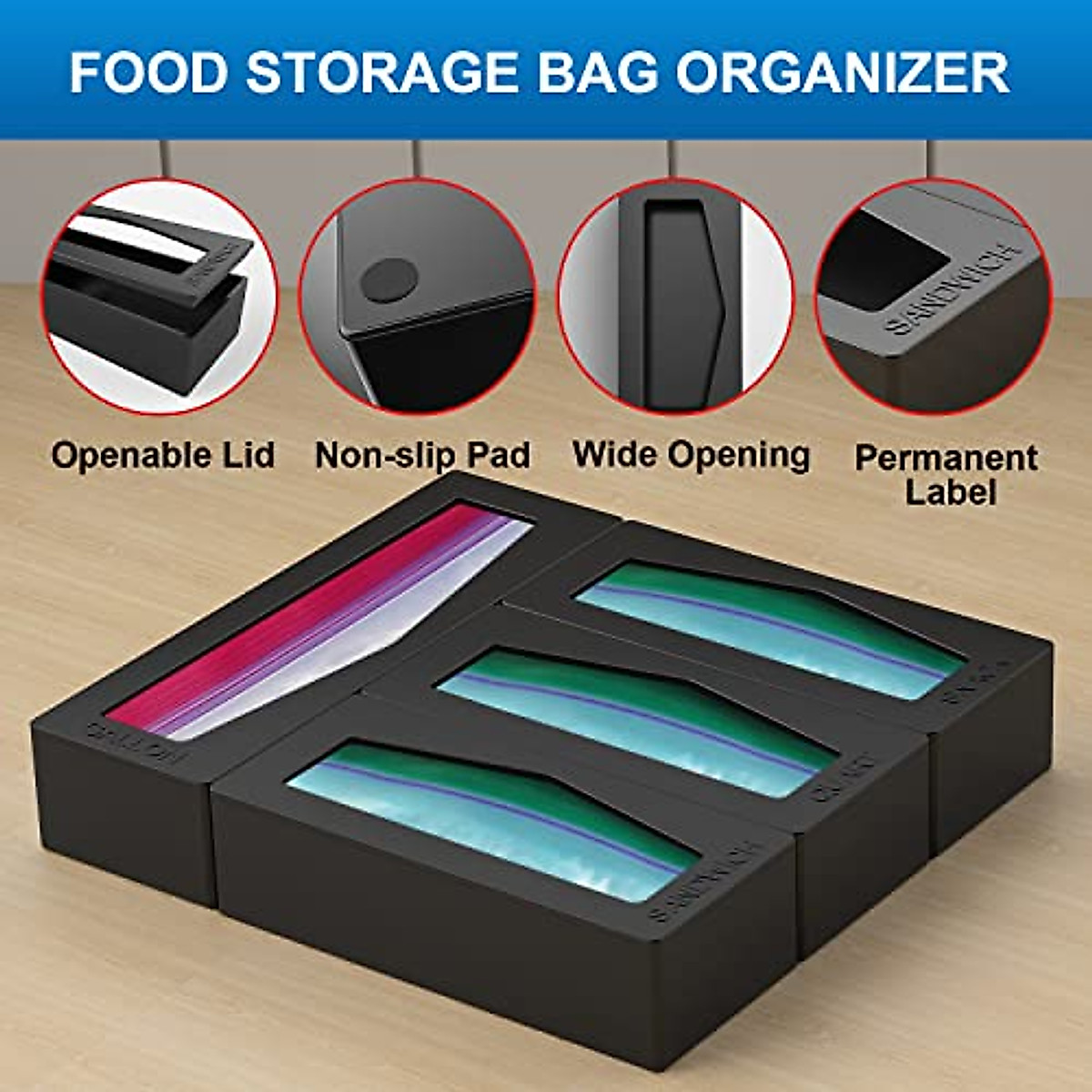 MFTEK Ziplock Bag Organizer for Kitchen Drawer, Plastic Bag Holder Baggie Storage Organizer, Compatible with Gallon, Quart, Sandwich and Snack Variety Size Bag