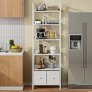 Furologee White 6 Tier Bookshelf with Drawers, Tall 71" Bookcase with Shelves, Modern Wood and Metal Book Shelf Storage Organizer, Display Free Standing Shelf Unit for Bedroom, Living Room, Office