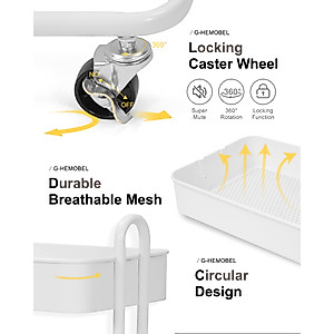 2-Tier Rolling Cart with Wheels, G-Hemobel Metal Utility Cart with 3 Hanging Cups and 2 Lockable Wheels, Organizer Cart with Multi-Functional Storage, White