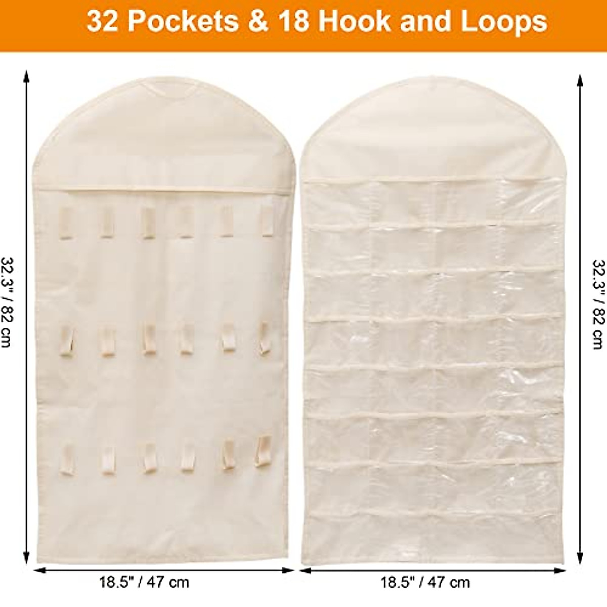 Foraineam 4 Pcs Hanging Jewelry Organizer, 32 Pockets 18 Hook and Loops Double Sided Jewelry Display Storage Bag, Travel Jewelry Organizer Holder for Necklace Bracelet Earring Ring Chain Knitting Tool