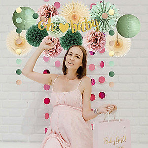 Dusty Rose and Sage Green Baby Shower Decorations Paper Lanterns Tissue Paper Pom Poms Olive Sage Green and Dusty Pink Party Decorations with Oh Baby Banner Gold for Baby Girls