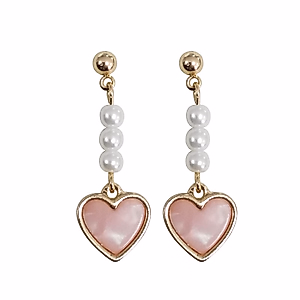 MALOYANVE Love Heart Long Tassel Dangle Earrings for Women Sweet Dainty Cute Pearl 925 Silver Needle Pink Heart Dangle Drop Hook Earrings Delicate Jewelry Valentines Day Gifts (Pink Heart)