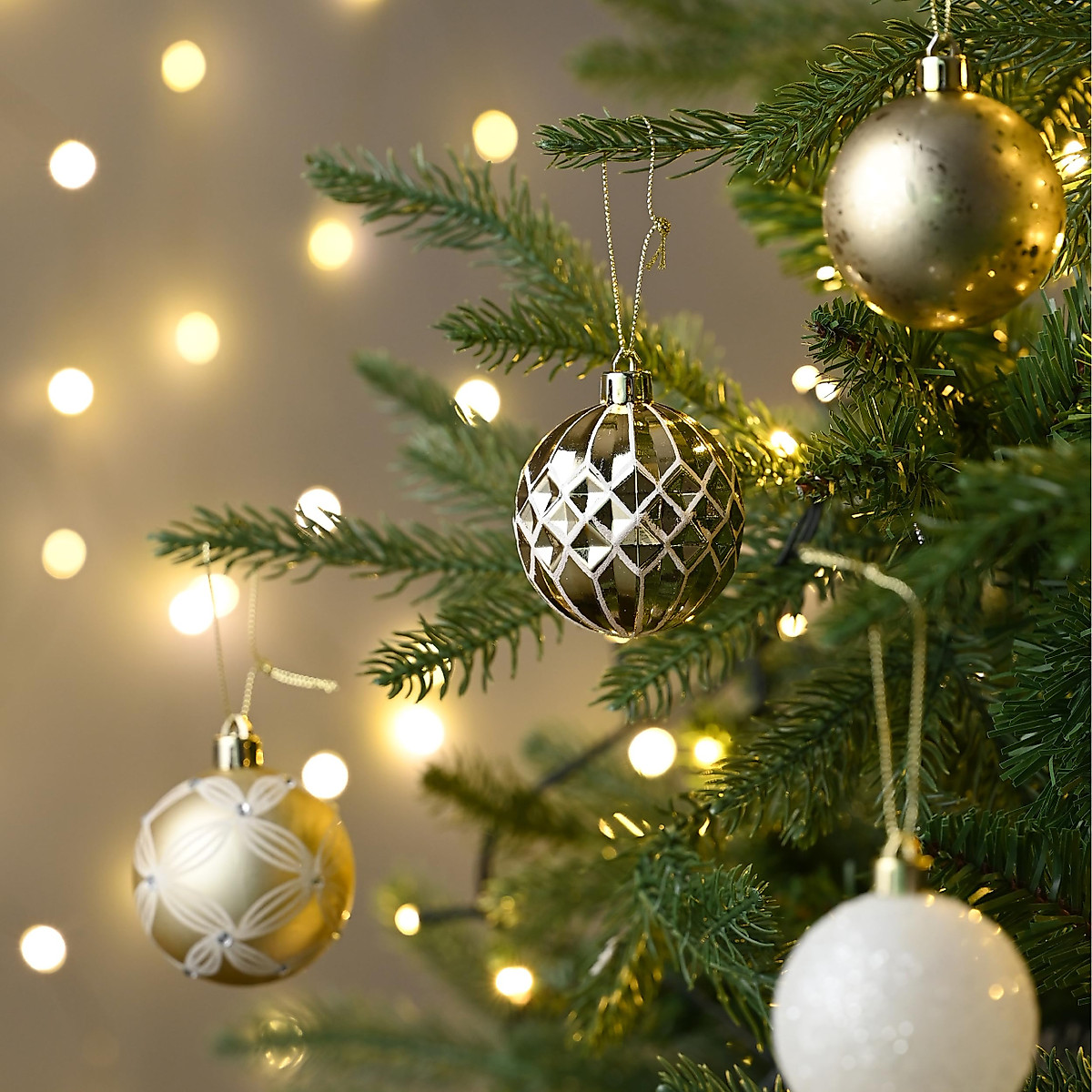 Valery Madelyn Christmas Tree Decorations Set, 24ct White and Gold Shatterproof Christmas Ball Ornaments Bulk, 2.36 Inches Elegant Hanging Ornaments for Christmas Trees Xmas Holiday Decor