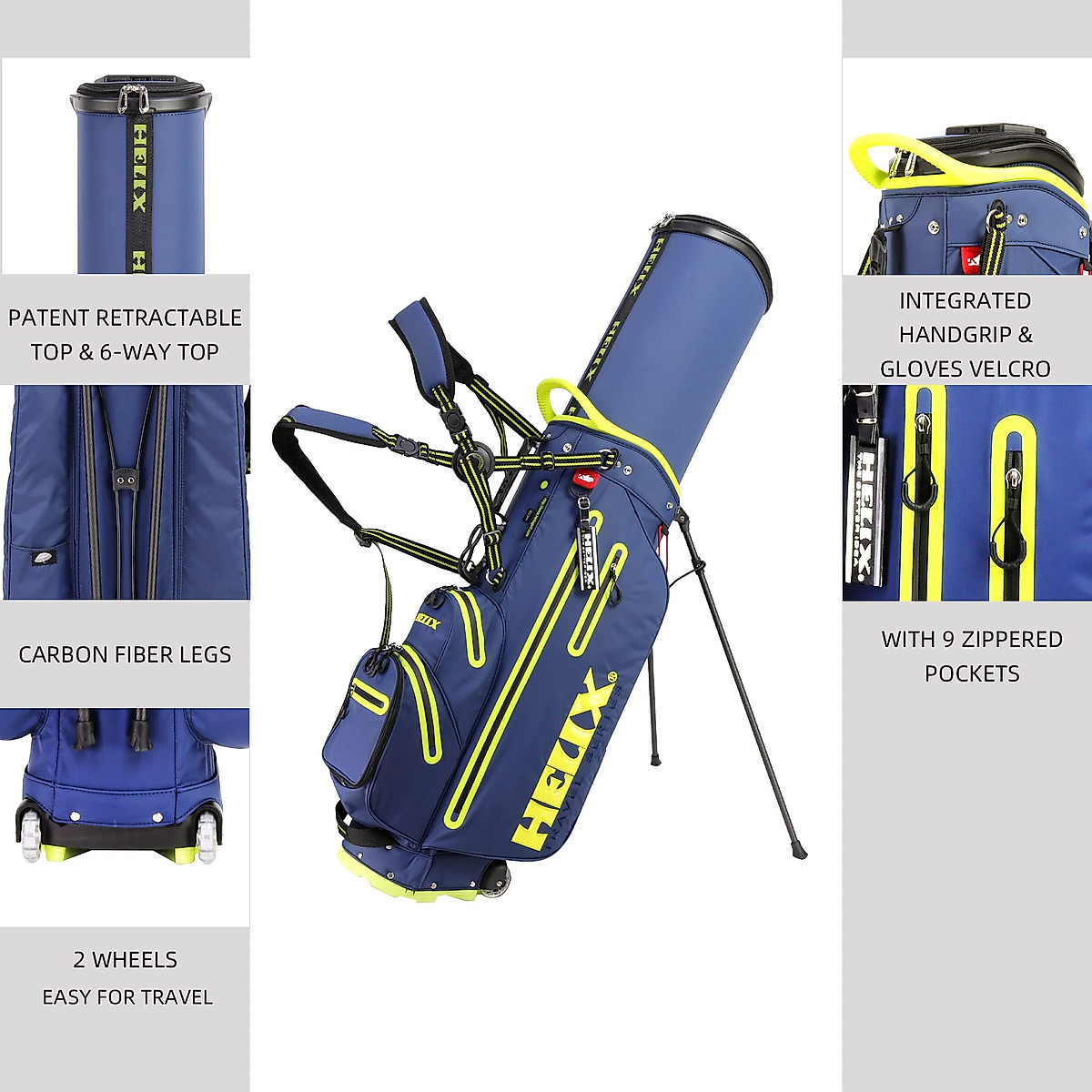 Helix Golf Stand Bag Retractable, 6 Way Dividers with Backstrap Shoulder Carry Golf Bag, Golf Bag Stand with Wheel for Traveling (Blue)