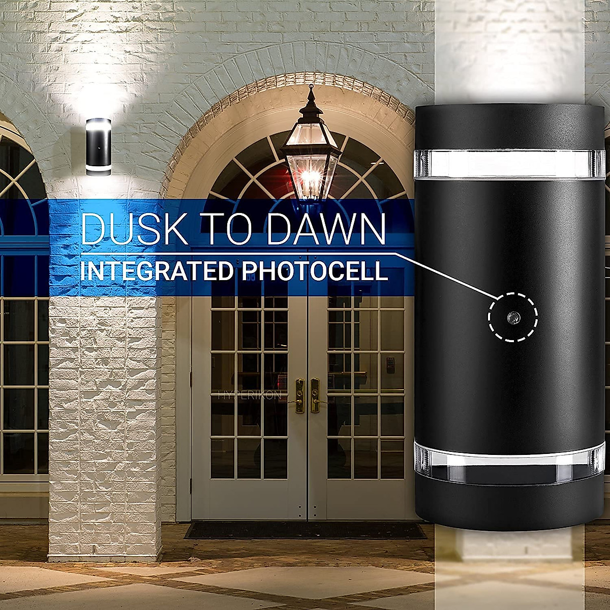 Hyperikon LED Porch Sconce Light, 12W Cylinder, Modern Outdoor Wall Lamp, 4000K Daylight, Black, Photocell, UL, 2 Pack