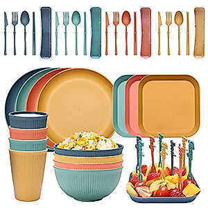 Wheat Straw Dinnerware Sets, kids Dinnerware Set,Unbreakable Microwave Dishwasher Safe Tableware Lightweight Bowls, Cups, Plates Set Reusable Dinner Plates Bowls Set