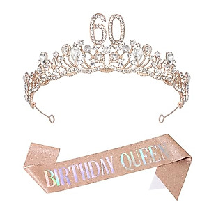 SWEETV 60th Birthday Crown Tiara Sash for Women Rose Gold Birthday Queen Sash and Tiara Crown Set Rhinestone Princess Headband for Birth Day Party Photograph