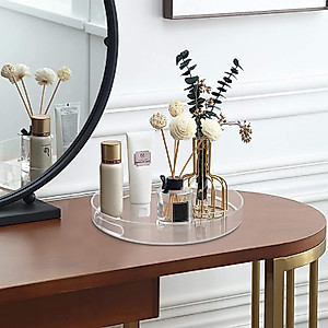 MAONAME Clear Round Serving Tray with Handles, 13" Plastic Clear Tray, Round Decorative Tray for Coffee Table, Ottoman, Bathroom, Vanity