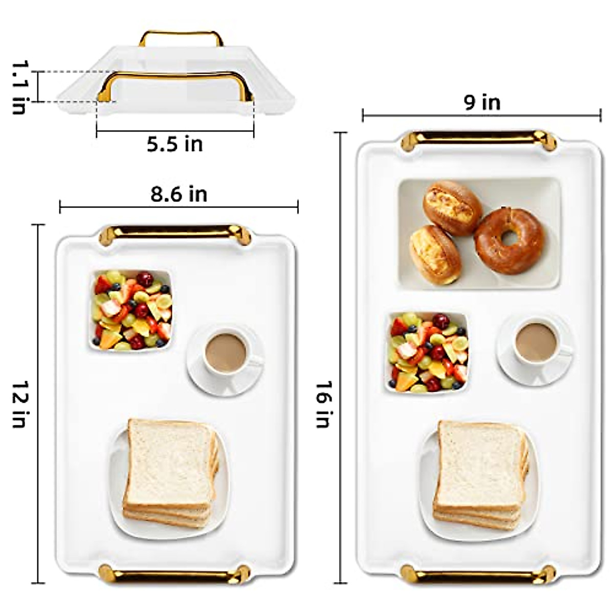 Serving Tray with Handles, 2 Pack (16inches & 12inches) White Plastic Serving Trays for Breakfast, Decorative Trays with Gold Handles for Coffee Table & Living Room