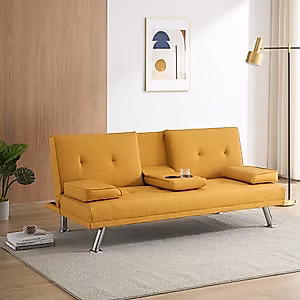Anwickhomk 67" Multifunctional Double Folding Sofa Bed with 2 Cup holders,Leather Couch Loveseat Sleeper with Removable Armrests,Convertible Folding Couches Bed for Office Small Spaces (Yellow)