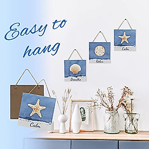 SELEAD Beach Decor Summer Wall Art - Set of 3 Calm Breathe Relax Words Sign, 5" Square Ocean Coastal Themed 3D Seashell Starfish for Bathroom Bedroom, Blue
