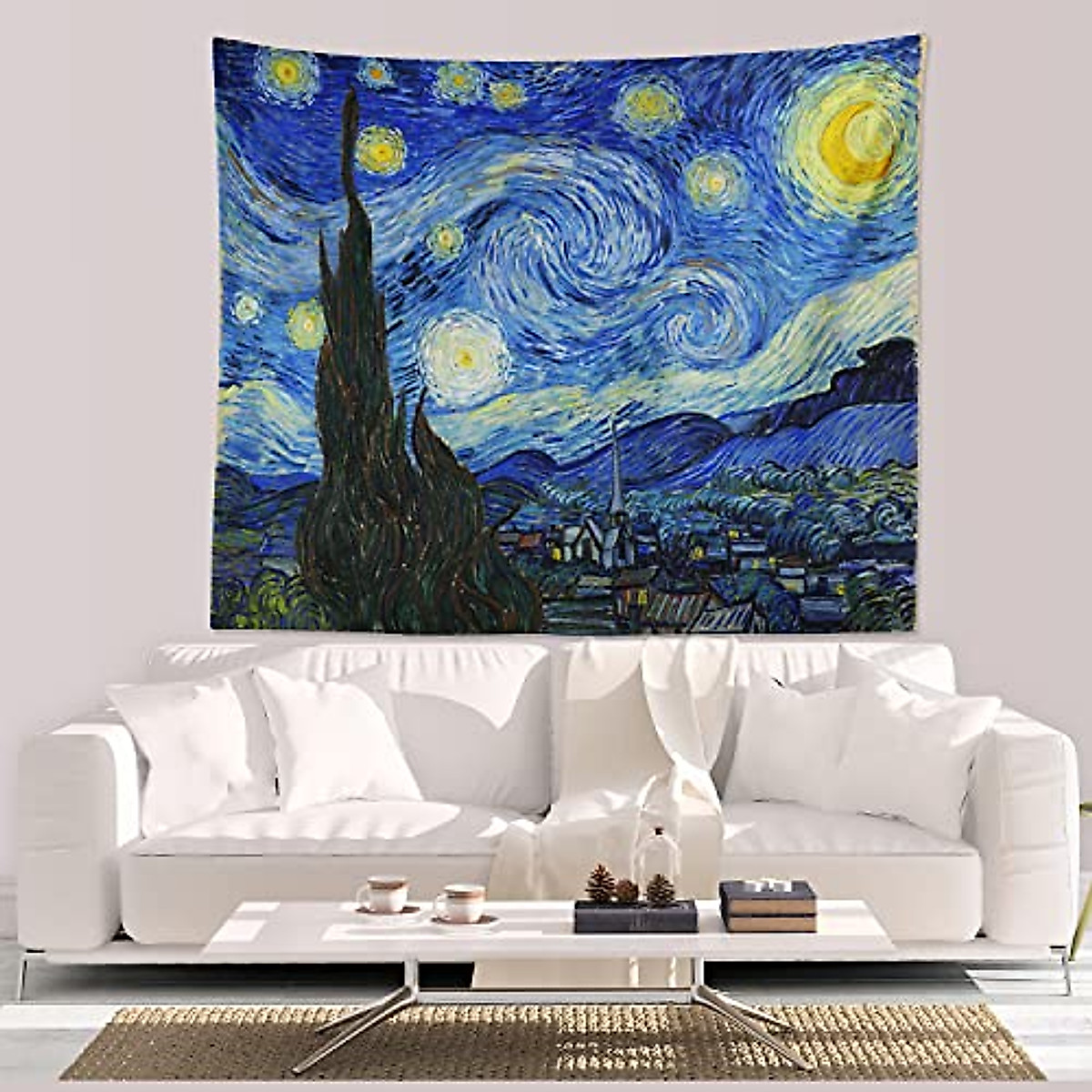 Starry Night Blacklight Tapestry by Van Gogh Wall Art for Bedroom Aesthetic, Abstract Wall Hanging UV Reactive Fabric Poster for Living Room Dorm, 39 x 29 Inches