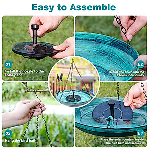 DazSpirit Hanging Solar Bird Bath Fountain, 14.9inch Diameter Green Metal Bird Bath Bowl with Solar Powered Pump & 4 Water Spray Nozzles for Outdoor Garden Backyard Patio Lawn