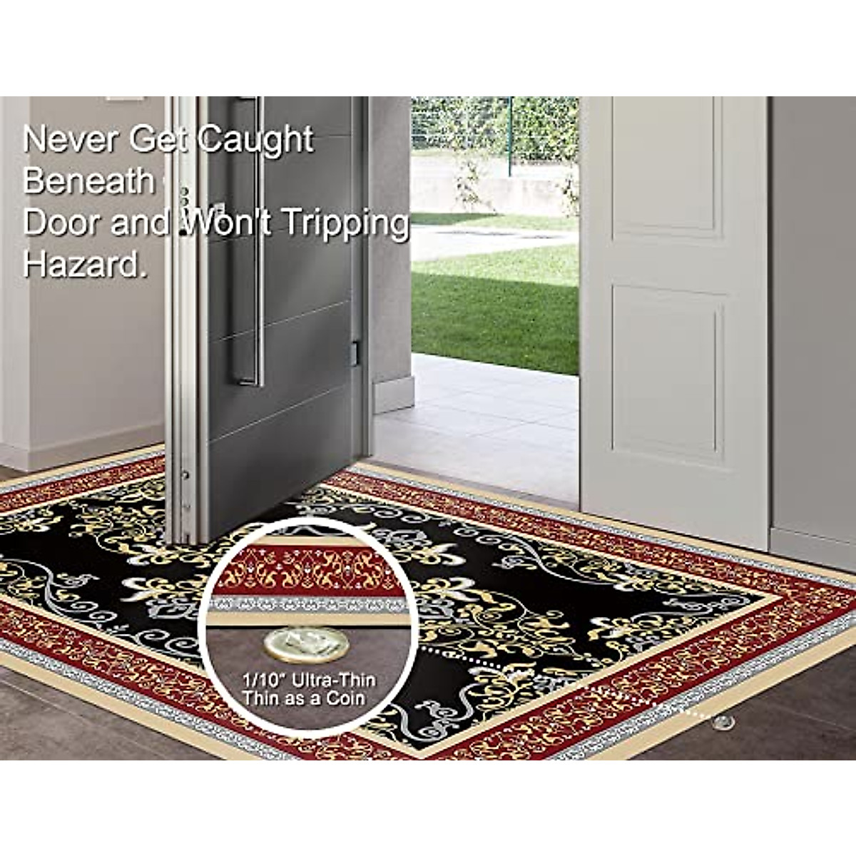 Cosilyt 1/10" Ultra Thin Extra Large 3×5 Feet and 24"×35" Front Door Mat Indoor Entryway Area Rug for Inside Entry, Waterproof Non Slip Washable Rubber Interior Door Mats Entrance Home, Boho Red