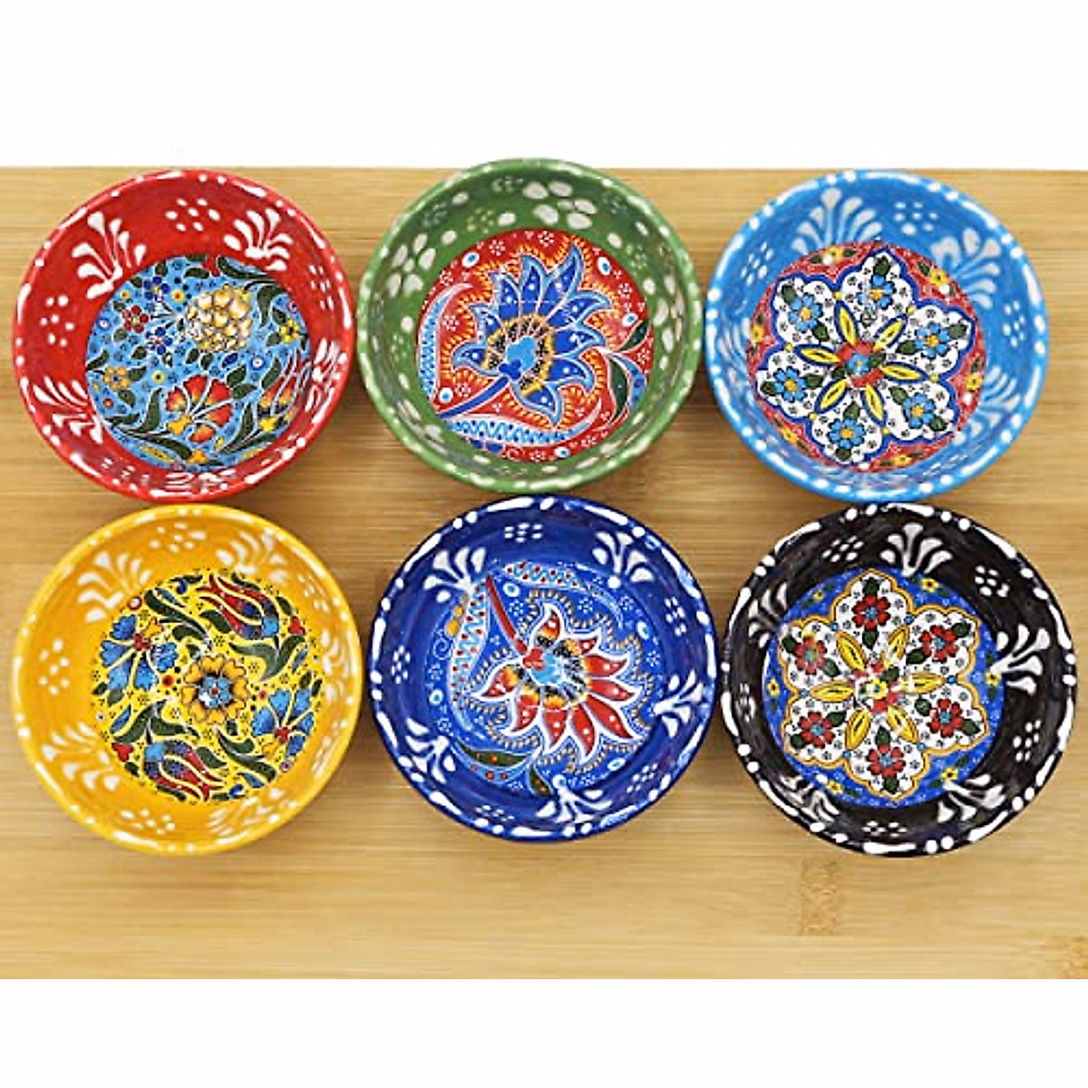 HeraCraft 6pcs Hand Painted Turkish Ceramic Snack Bowls 3.35''/8.5cm-74ml/2.5 oz Decorative Ottoman Tulips Design Multi-Purpose Cute Set - Pinch Sauce Dipping Finger Small Serving Bowls