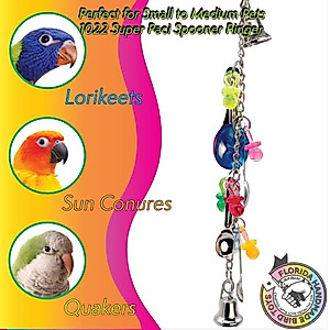 Mandarin Bird Toys 1022 Super Spooner Ringer by M&M Handmade Stainless Steel Noisy Versatile Aviary Toy, Shiny Spoons, Acrylic Pacifiers, Metal Bells, Great for Medium Pets African Grey Conure Quaker