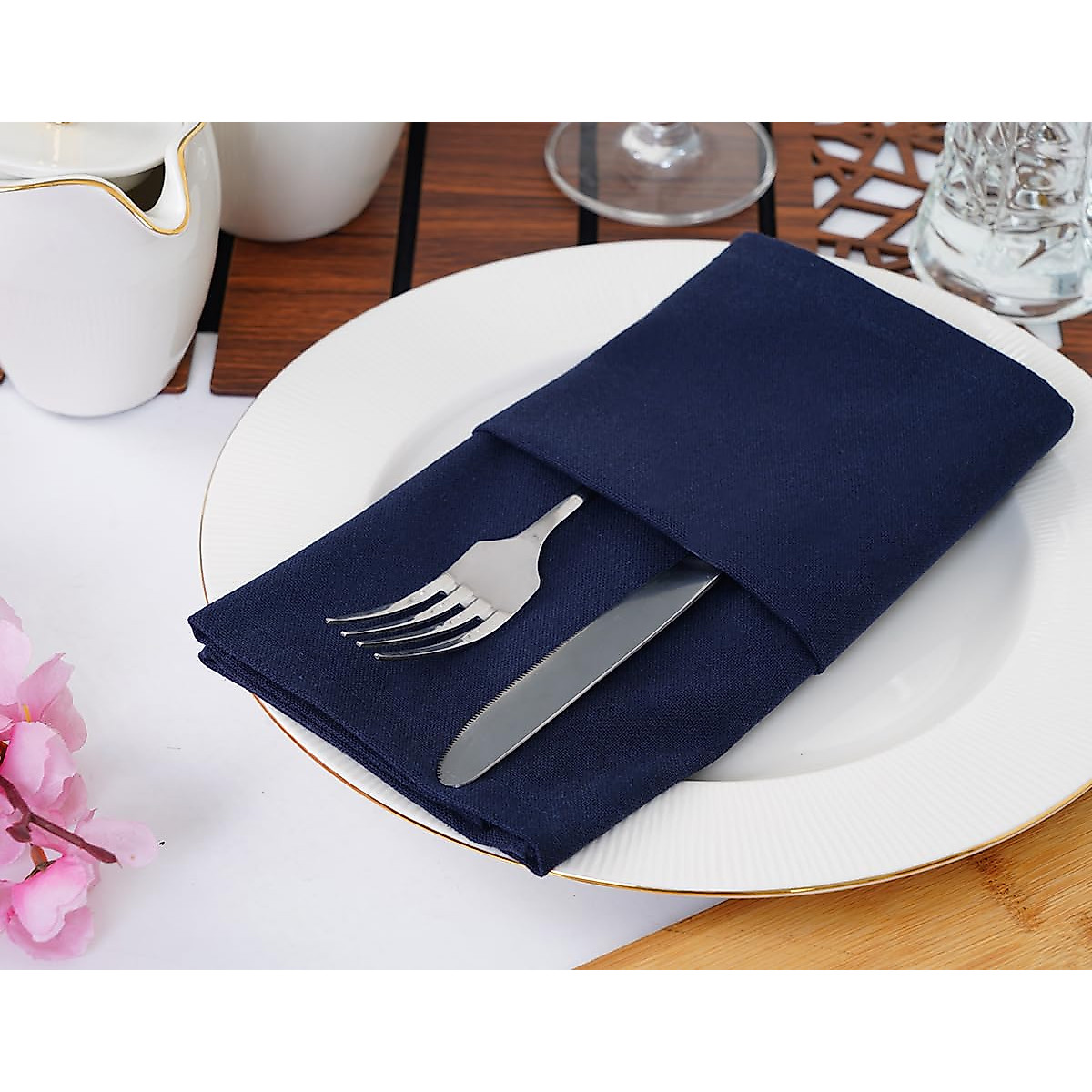 Blue Needles Navy Blue Cloth Napkins - 100% Cotton Set of 12 Dinner Napkins 18x18 inches - Soft, Reusable and Washable Linen Napkins, Ideal for Events, Parties & Everyday Use