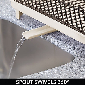 mDesign Metal Wire Kitchen Countertop, Sink Dish Drying Rack - Removable Plastic Cutlery Tray, Drainboard with Adjustable Swivel Spout - 3 Pieces - Bronze/Cream
