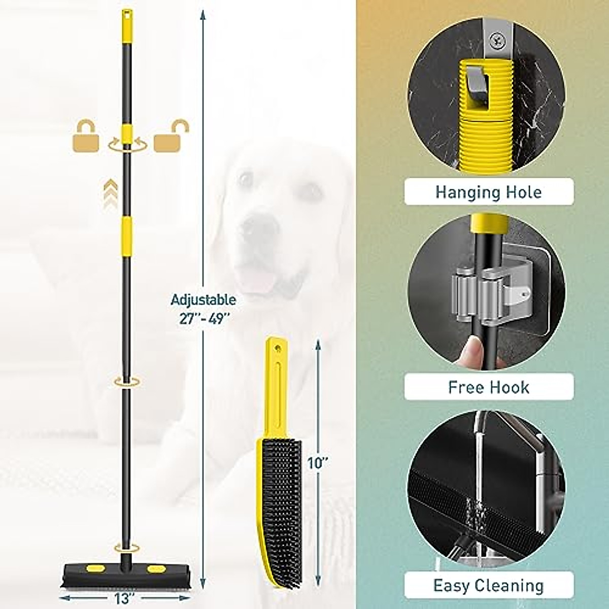Sunally Rubber Broom Pet Hair Remover, Fur Remover Broom with Squeegee for Fluff Carpet, Hardwood Floor, Tile, Window, Black Yellow, includes Portable Lint Remover Brush and Broom Holder