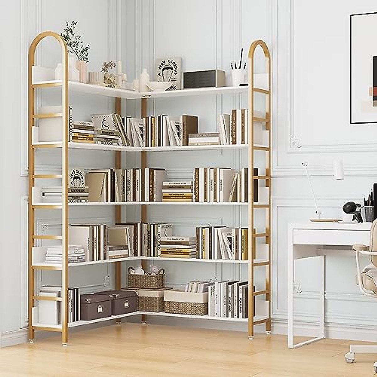 5-Tier Gold Bookcase, L-Shape Corner Bookshelf White & Gold, Modern Display Shelf Book Shelves with Adjustable Foot, Freestanding Storage Shelves for Home Office Use